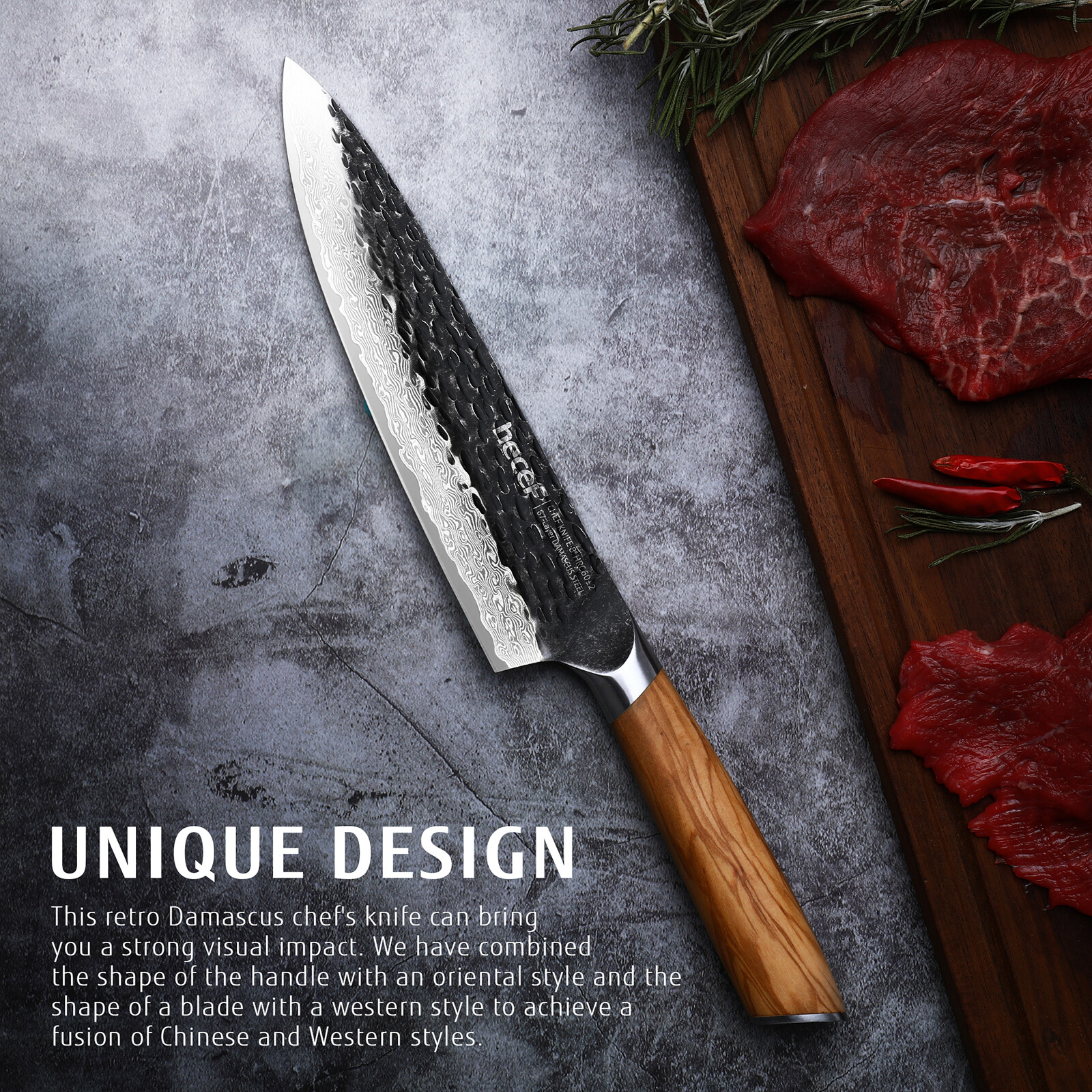 Hecef® 8in Chef Knife Ultra Sharp Japanese Knife 67-Layer Damascus Meat ...