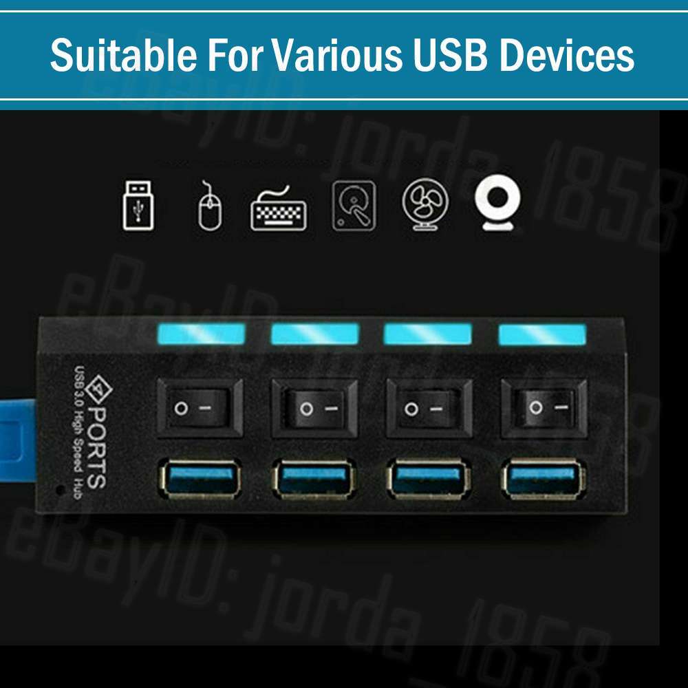 4/7 Ports USB 3.0 HUB Powered +High Speed Splitter Extender PC AC Cable ...