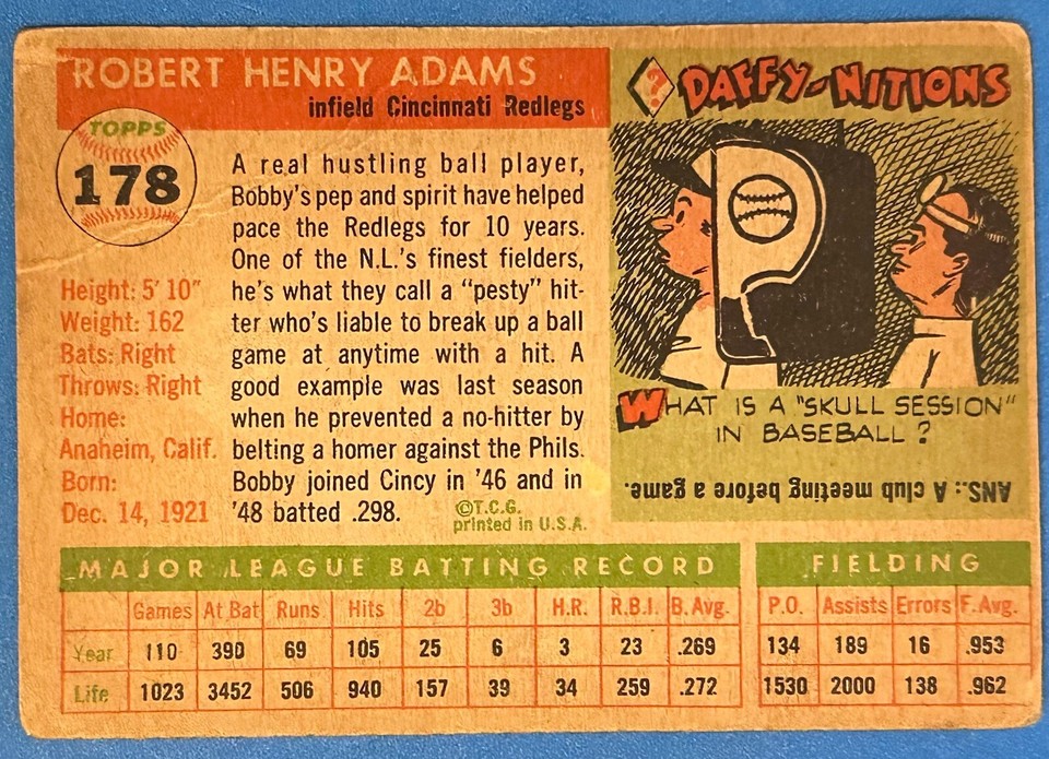 1955 TOPPS #178 BOBBY ADAMS CINCINNATI REDS | eBay