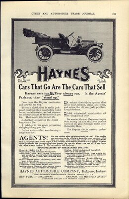 1909 PAPER AD Car Auto Haynes Automobile Co Touring Runabout Tonneau ...