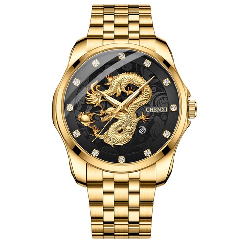 Men Luxury Chinese Dragon Carved Dial Diamond Quartz Watch Waterproof ...