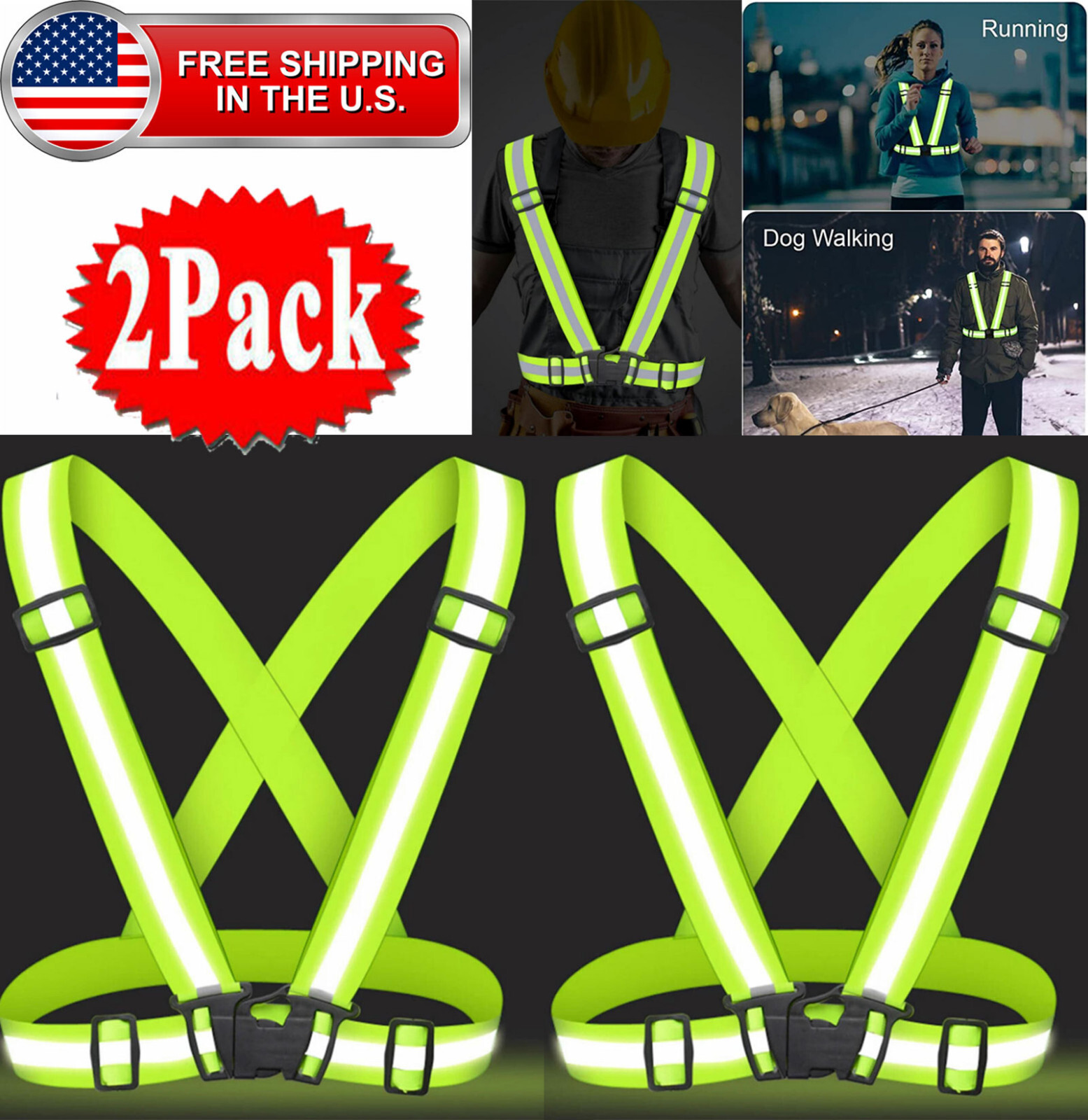 2 Pack Safety Vest Adjustable Reflective Belt Stripe Night Running ...