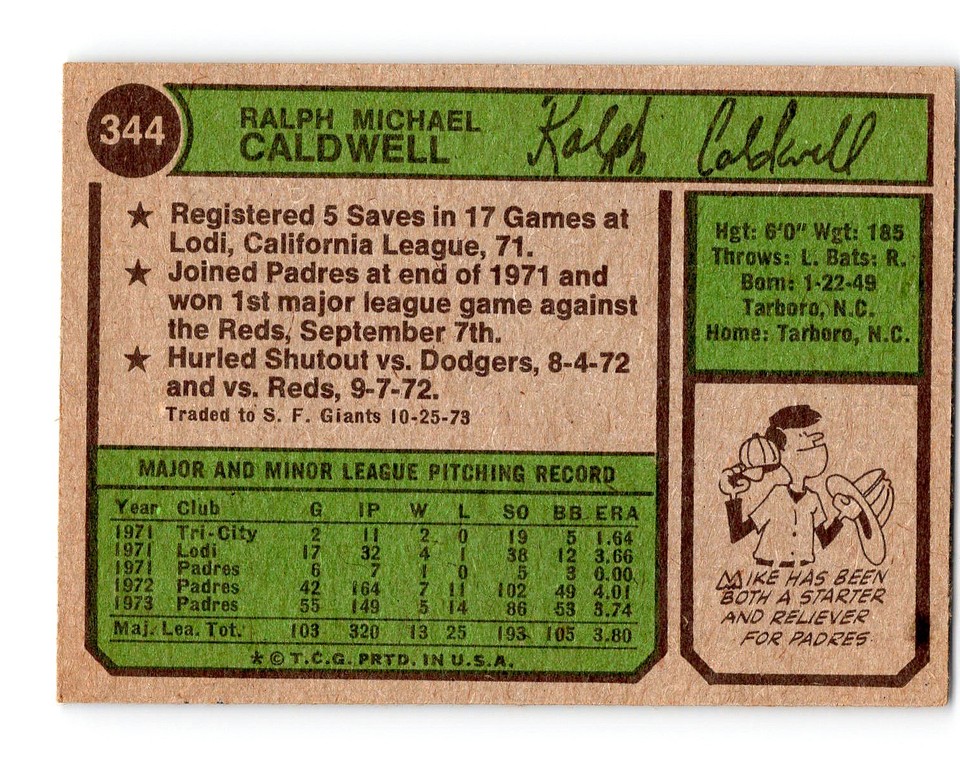 1974 Topps #344 Mike Caldwell San Francisco Giants Baseball Card EX | eBay