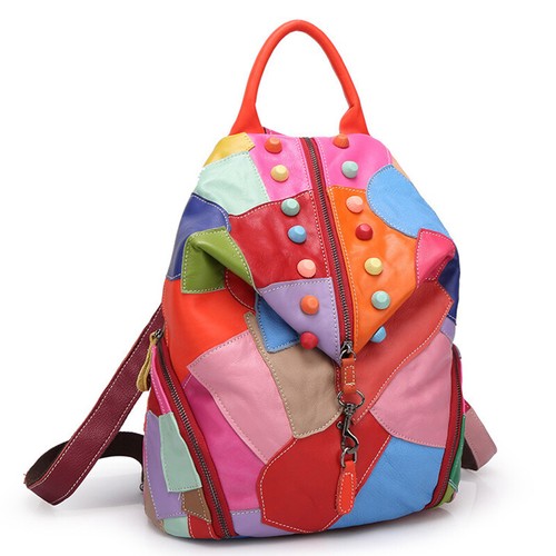 Backpack Travel Bag Rucksack Sheepskin Leather Women's Colorful Blocks ...