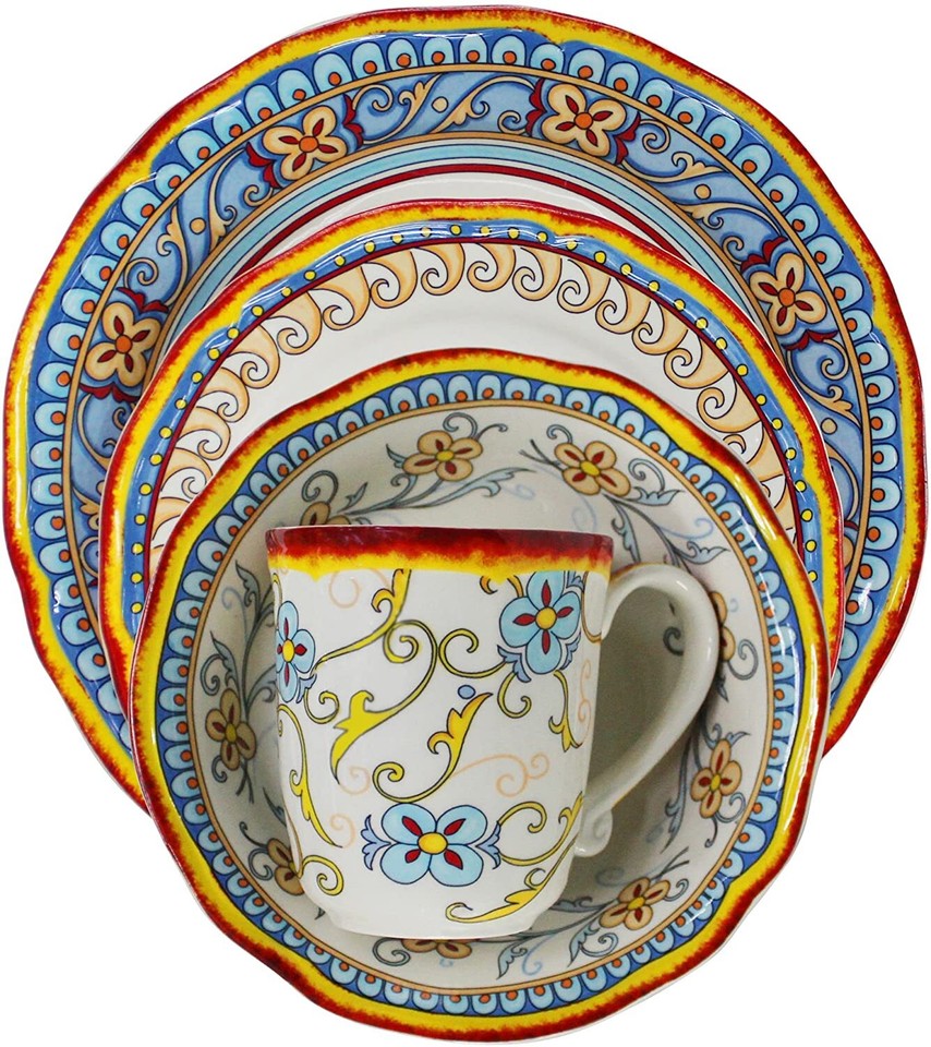 Earthenware Dishes Dinnerware Set Vibrant Colorful Floral Design 16pcs ...