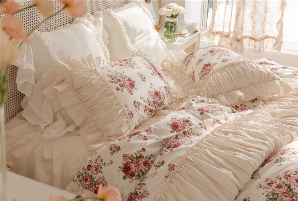 Romantic Bedding Set 100% Cotton Rose Print Princess Ruffles Duvet ...