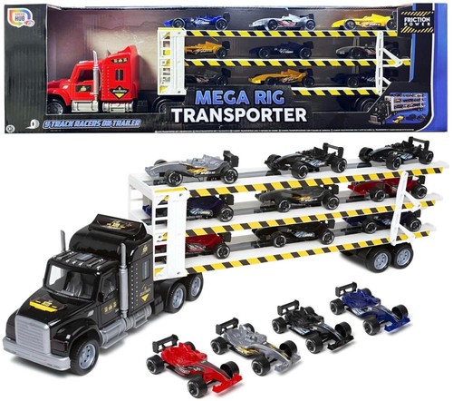 Kids Toy Truck Lorry Transporter Trailer Ramps With 9 Track Racer Cars ...