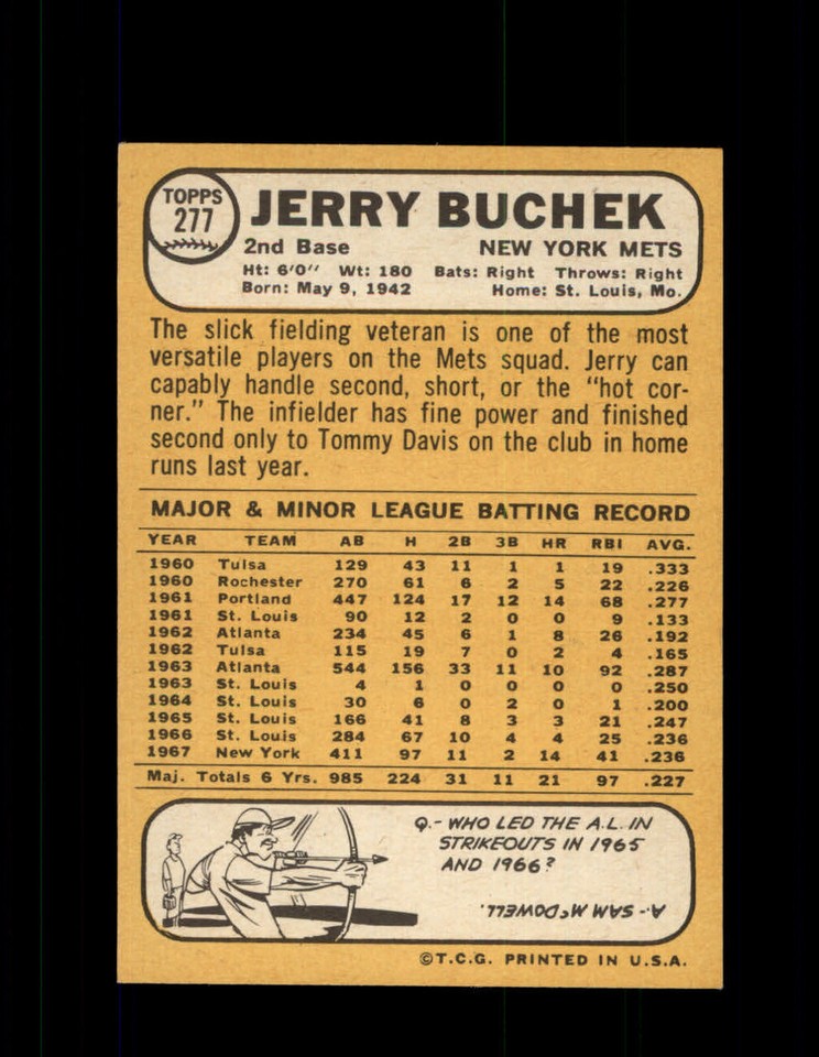 1968 JERRY BUCHEK TOPPS #277 METS *G3788 | eBay