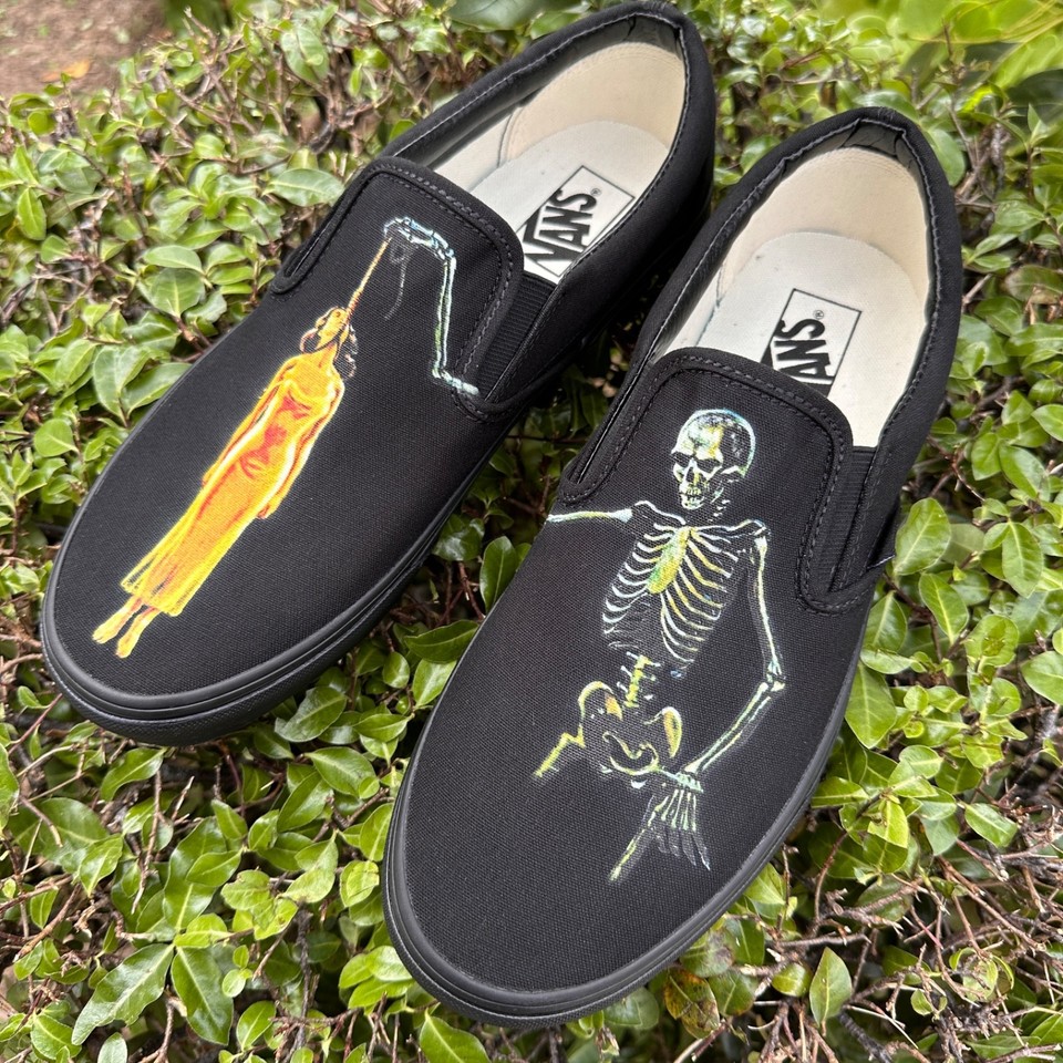 Skeleton Skull Hang Horror - Black on Black Vans Slip On Shoes Custom ...