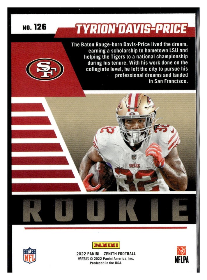 2022 Zenith #126 Tyrion Davis-Price San Francisco 49ers Football Card ...