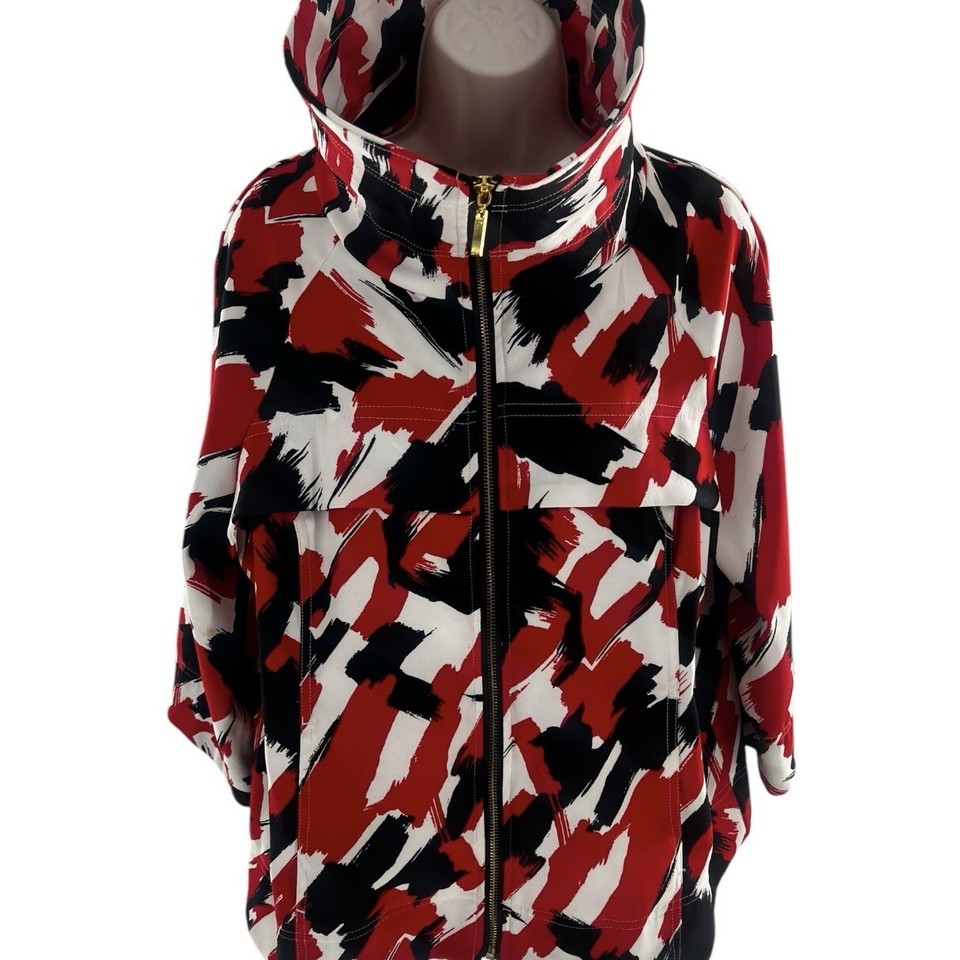 Erin London Womens Jacket Red Black White Wide Collar Zippered Full ...