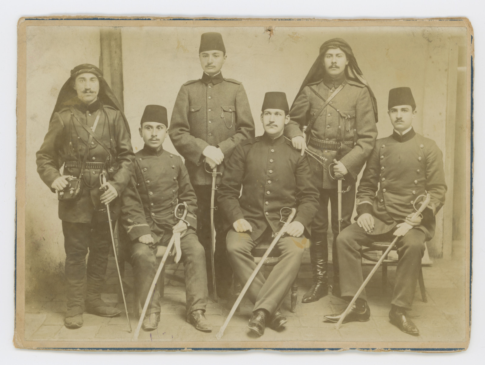 1890's SIX MIDDLE EASTERN SOLDIERS WITH SWORDS, FOUR WITH FEZ HATS ...