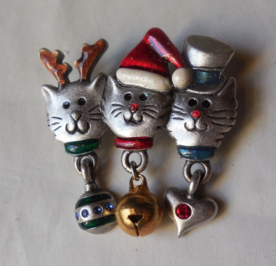 Vintage AJMC 3 Cat Face Triple Feline Holiday Christmas Dangly Pin ...