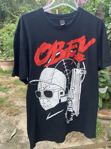Men's Obey Black Hockey Mask Gun T-Shirt L Crew Streetwear Cotton ...