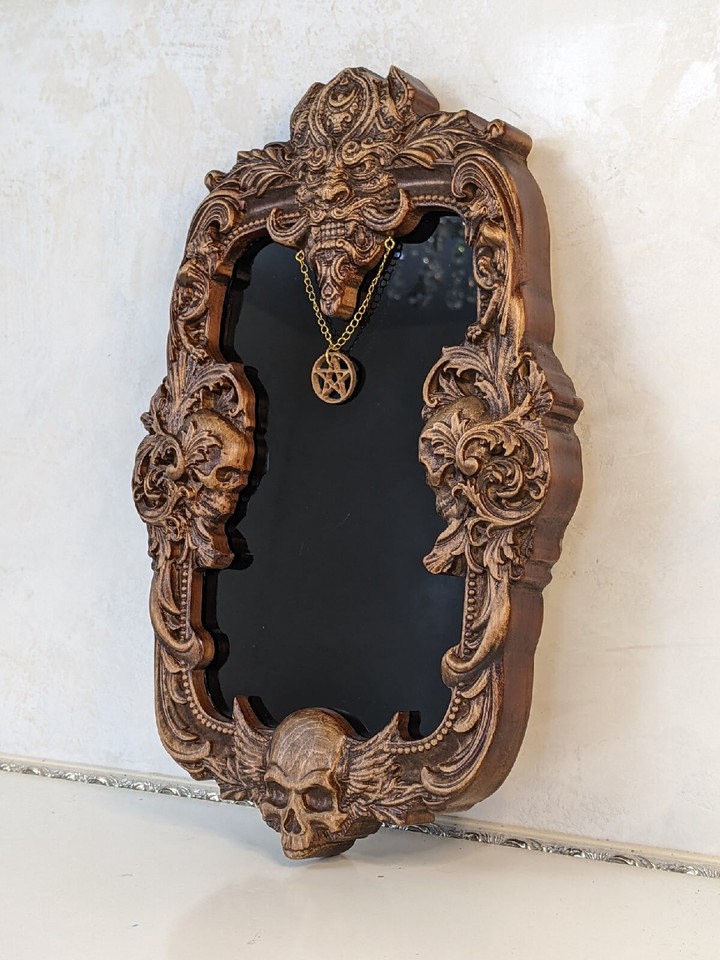Black mirror Wooden wall mirror with demon skull Gothic mirror Natural ...