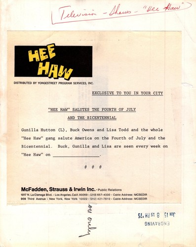 1976 Hee Haw Bicentennial Celebration Owens Hutton Todd Rare Press ...
