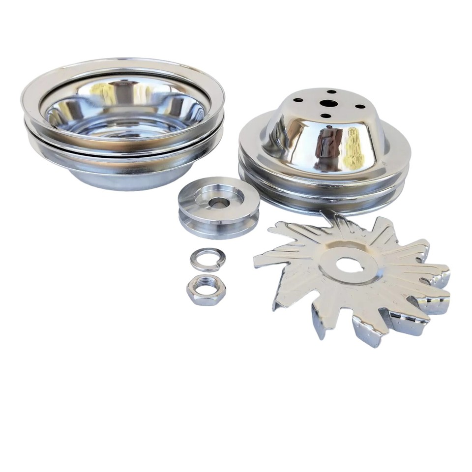Small Block Chevy Chrome 3 Pulley Set SBC 2 groove LONG pump 305 350 ...