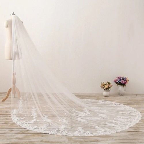 White wedding veil lace detail around edges chapel length with comb 90 ...