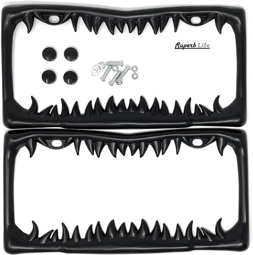 Shark Tooth License Plate Frame (Black Painted Metal) with Screws Caps ...