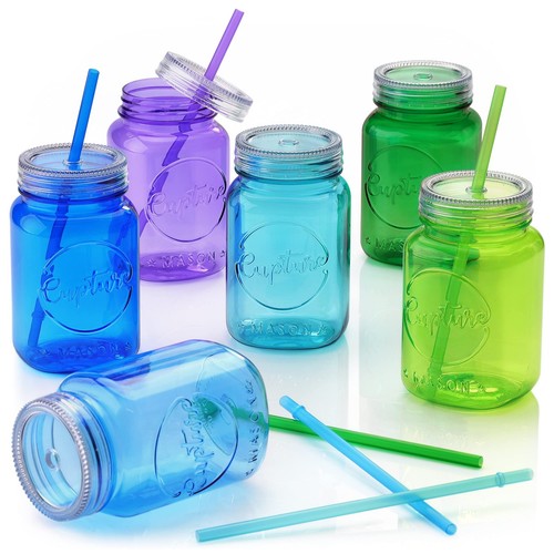 Acrylic Mason Jar Tumbler Mugs with Lids & Straws - 20 oz, 6 Pack (Cool ...