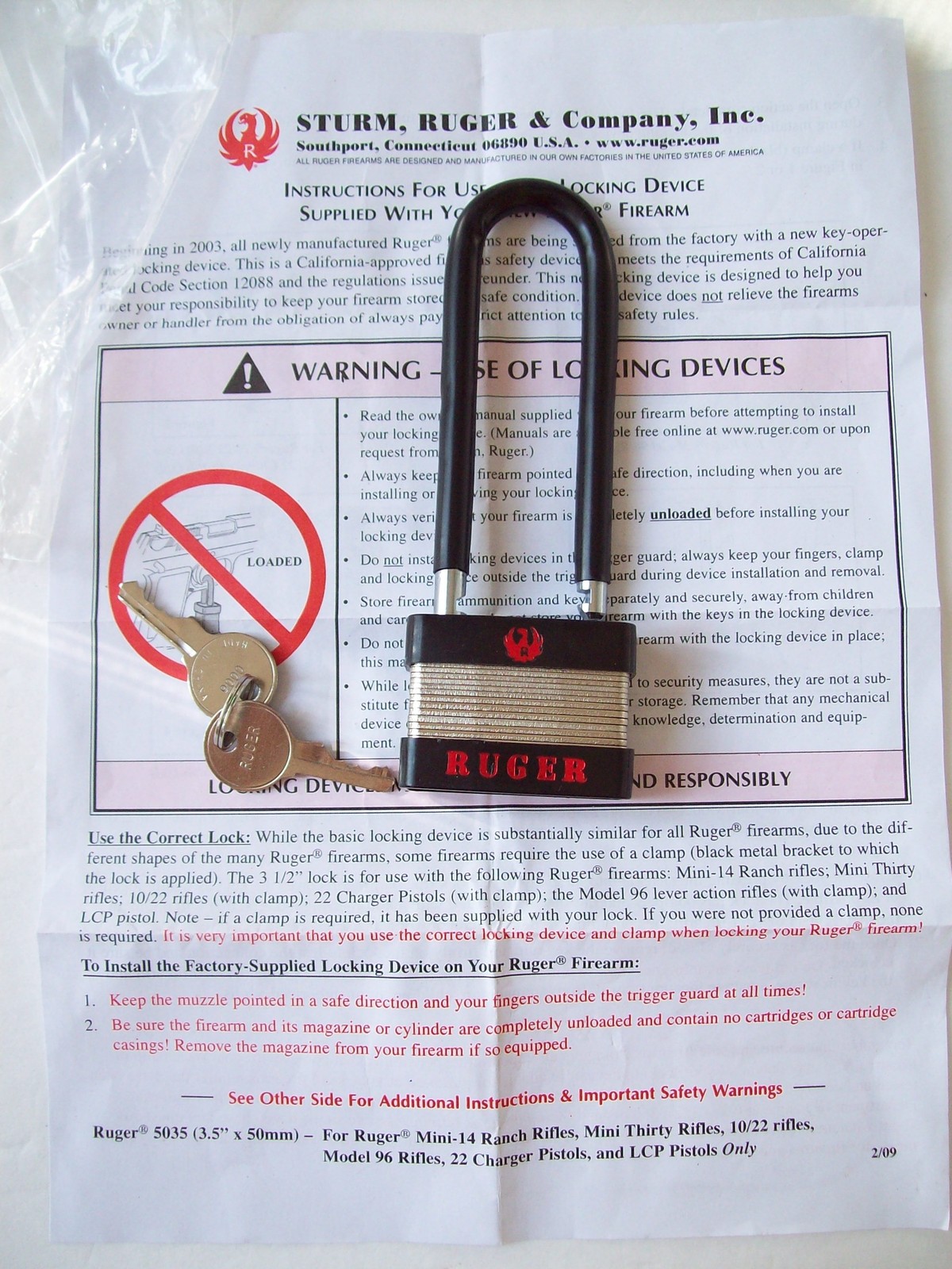 RUGER BRAND HANDGUN LOCK & KEYS PISTOL & REVOLVER 10/22 REGAL ...