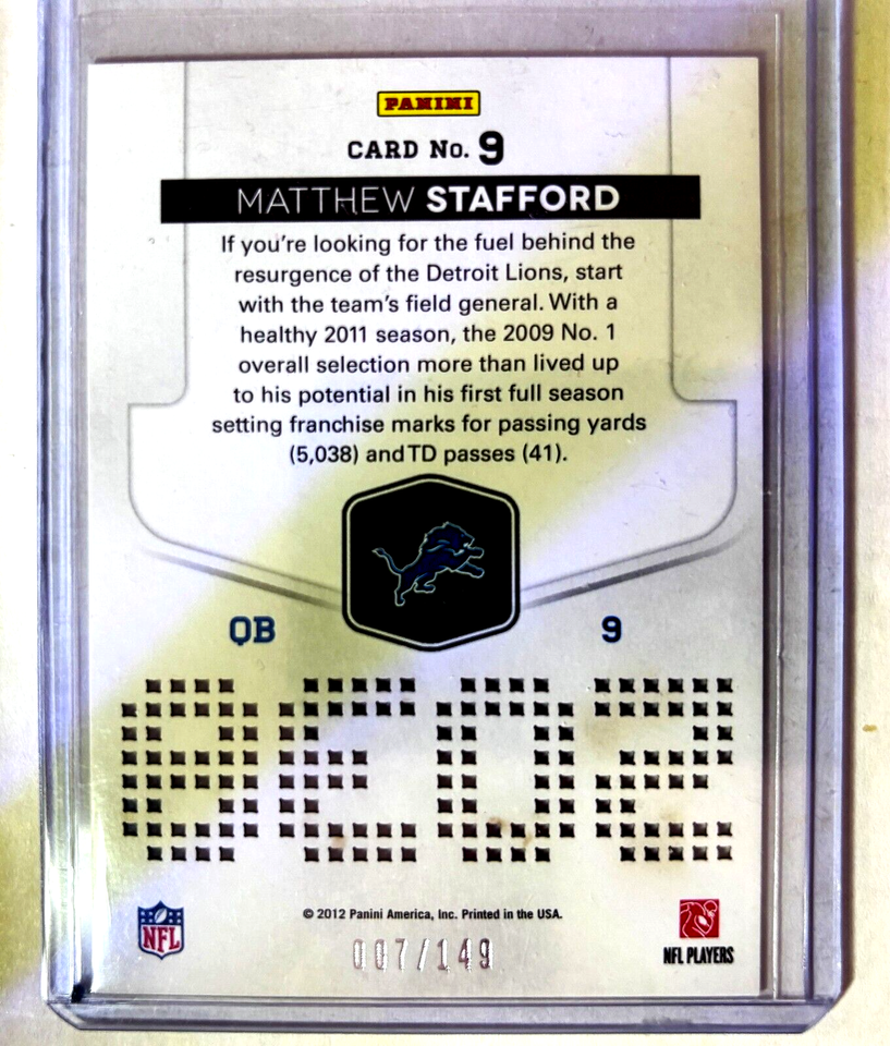 2012 Panini Donruss Elite Matthew Stafford Prime Numbers Gold Card 147/ ...