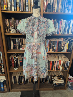 DALIA MACPHEE Printed A Line Dress M Green Jade Pleated Frill Bow Neck ...