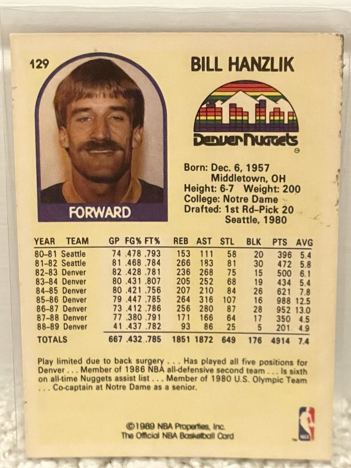 1989-1990 NBA HOOPS BILL HANZLIK #129 Nuggets Irish Supersonics | eBay