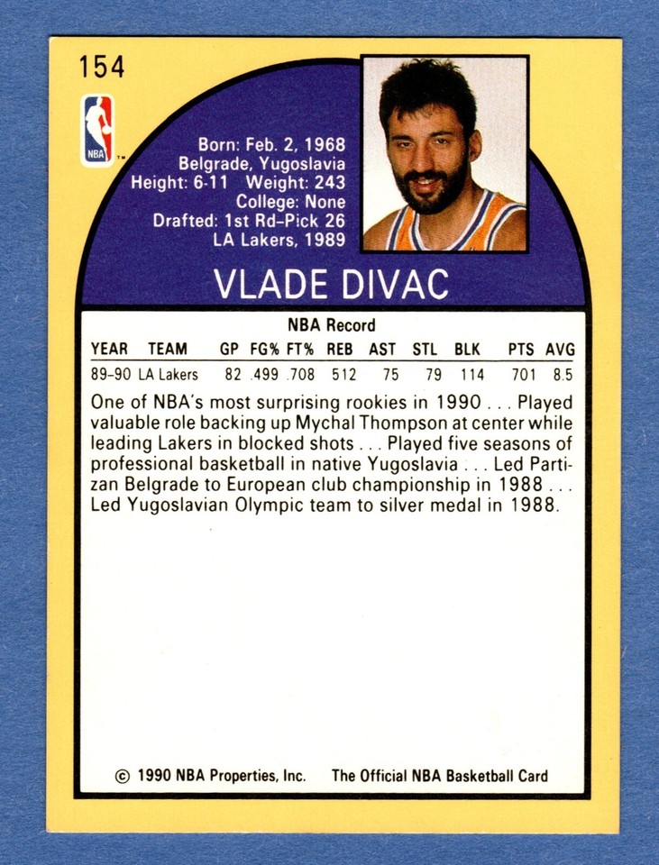 Vlade Divac RC 1990 NBA Hoops Basketball Card #154 Los Angeles Lakers ...