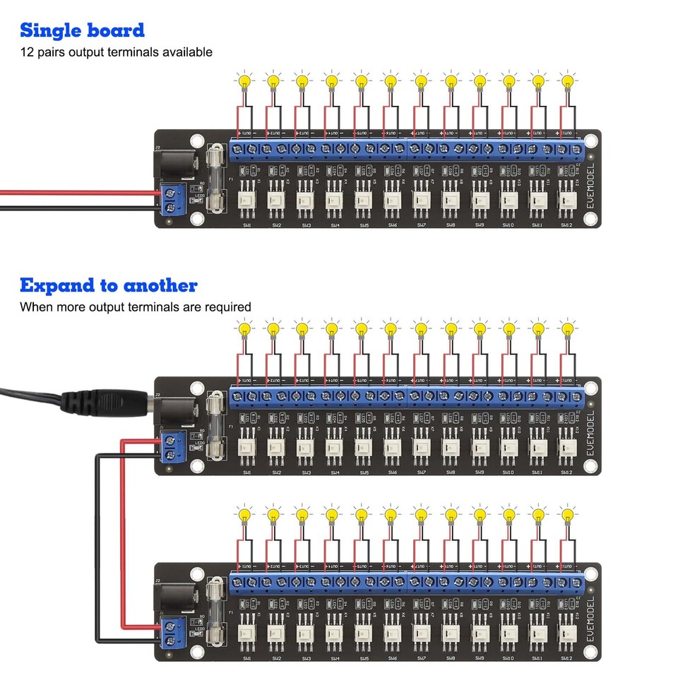 Evemodel 3V-24V DC Power Distribution Module 12 Channel Individual ...