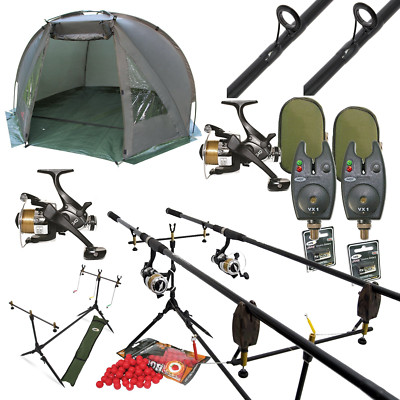 FULL CARP FISHING SET UP 2 RODS WITH DAY BIVVY SHELTER - RODS REELS POD ...