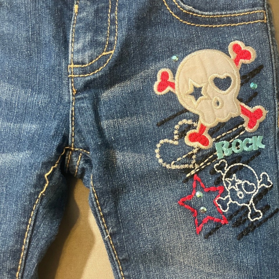 Faded Glory Kids Girls Jeans Size 5 Denim Skull Rock Embroidery ...