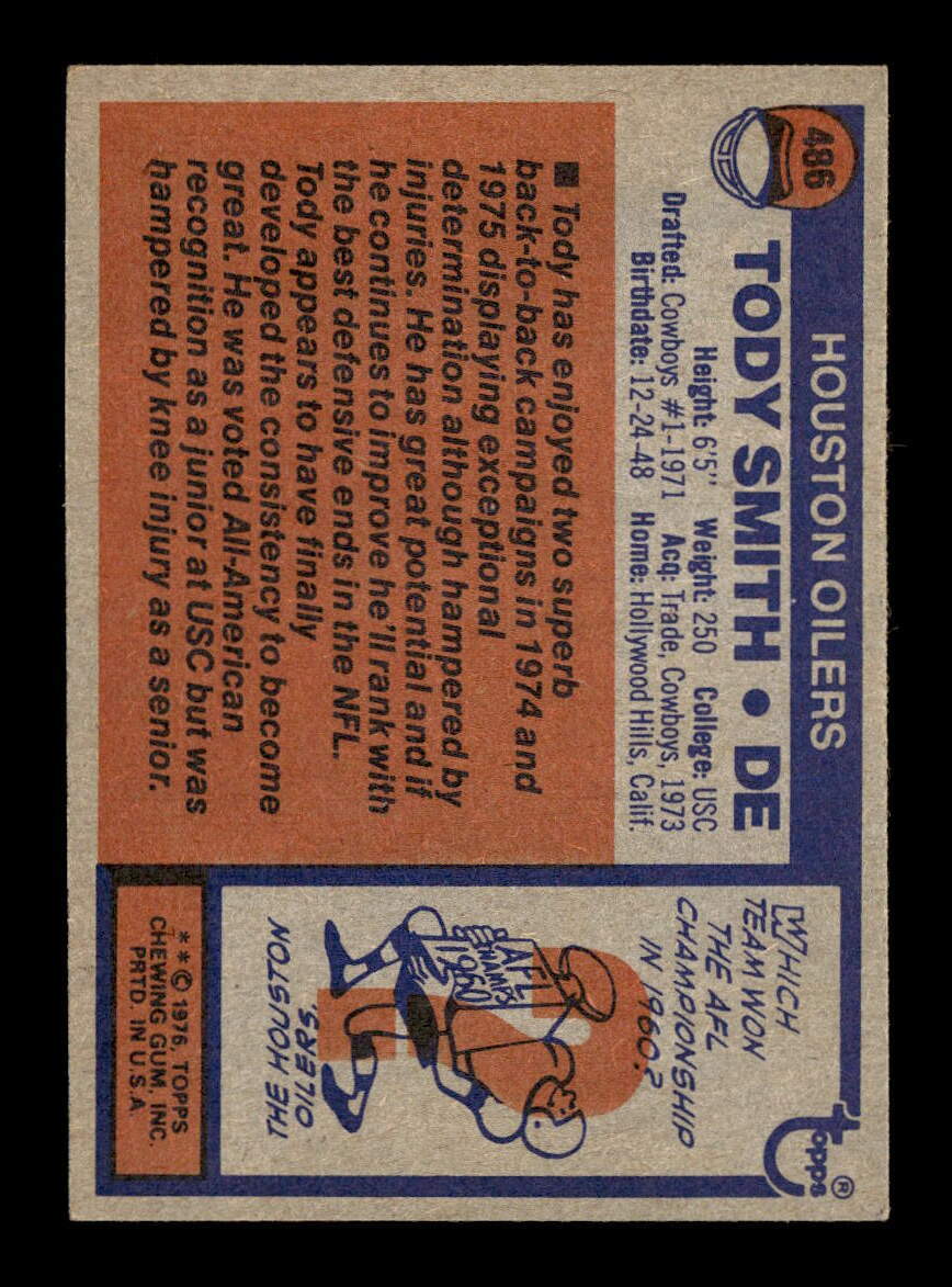 1976 Topps #486 Tody Smith Houston Oilers VG-EX+ Football Card *E481 | eBay