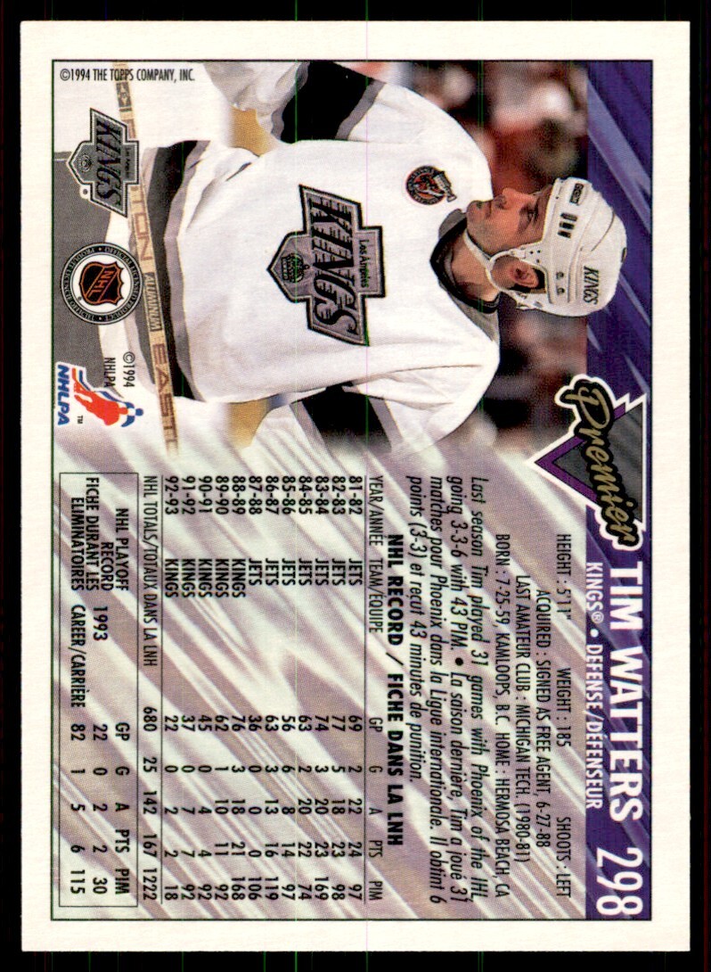 1993-94 Topps Premier Tim Watters . Los Angeles Kings #298 | eBay