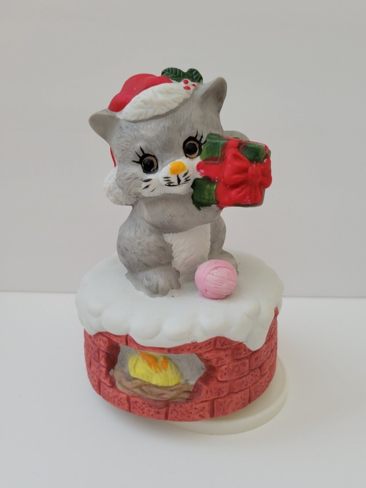 Vtg Ceramic Musical Christmas Kitten Kitty Cat Spinning Plays Joy to ...