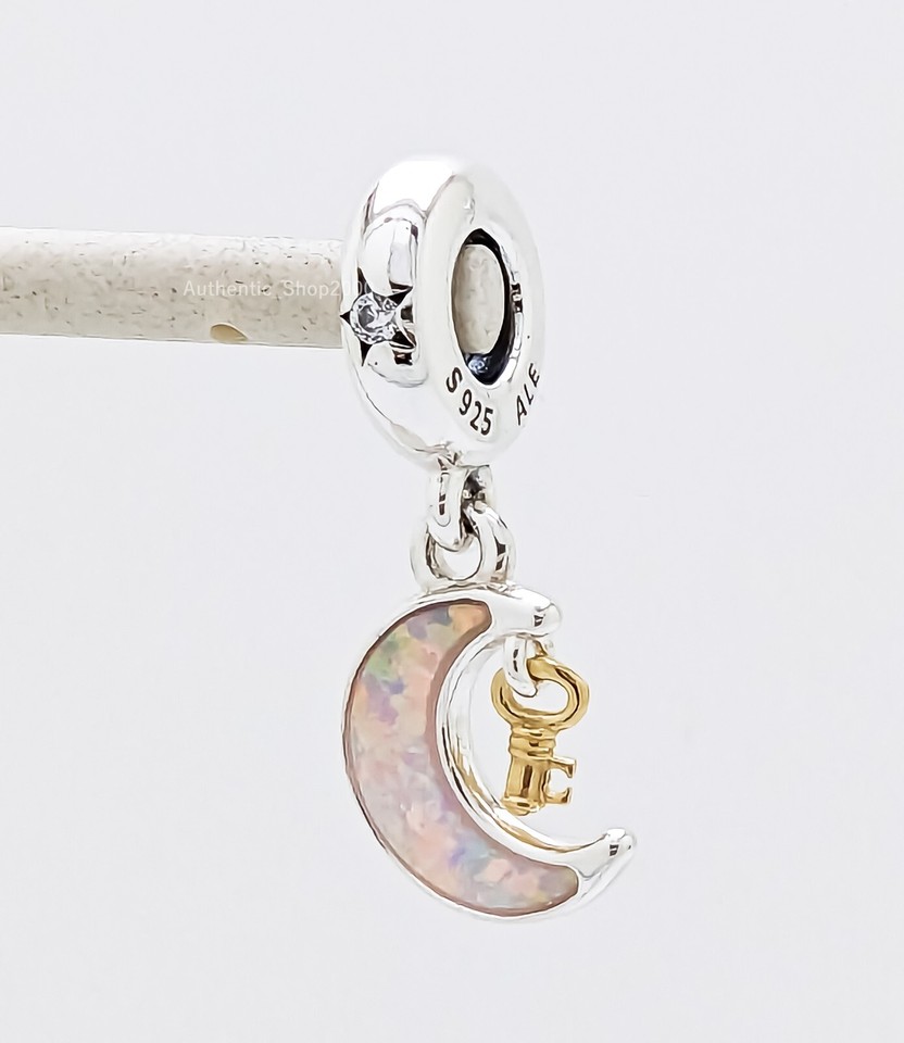 New 100% Authentic PANDORA 14k Gold & 925 Pink Key & Moon Dangle Charm ...