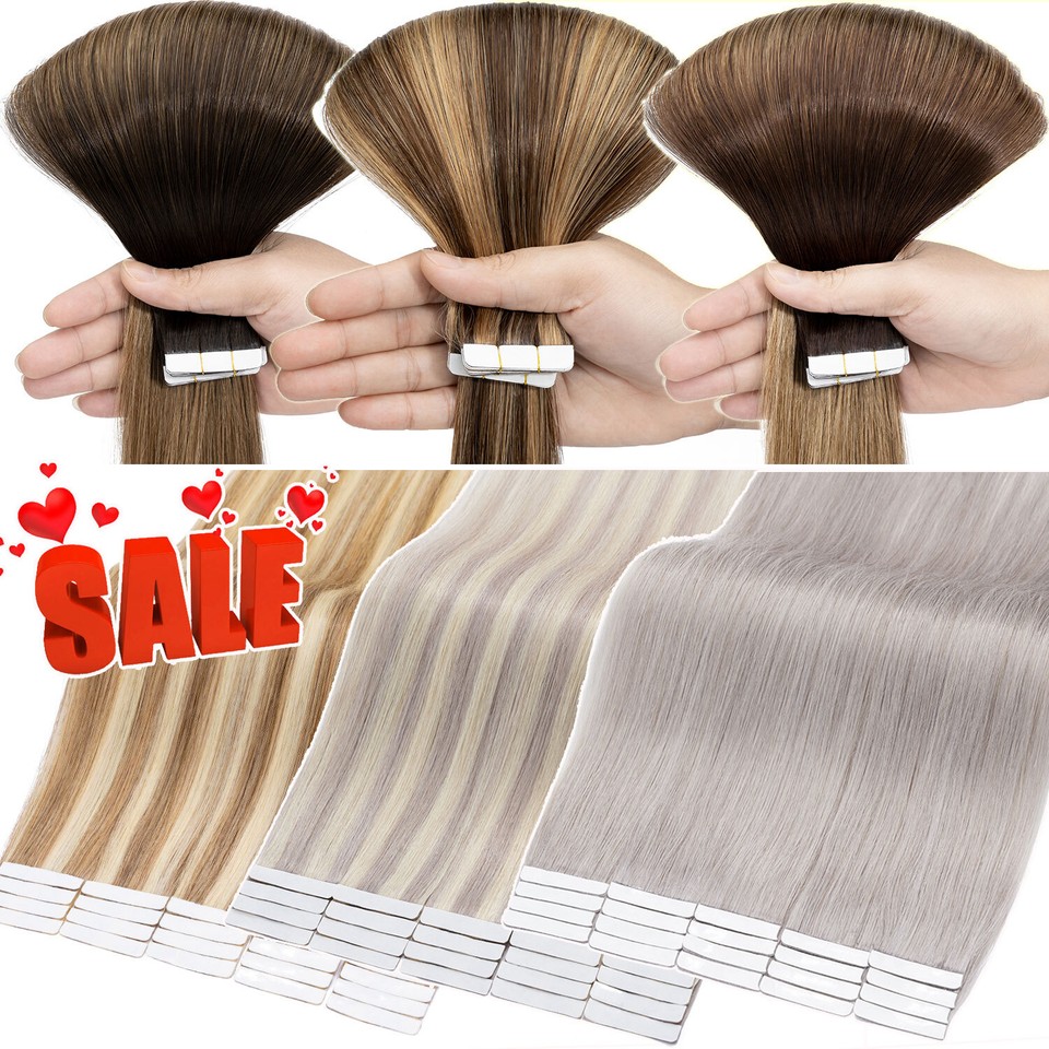 THICK Russian Tape In Human Hair Extensions Real Remy Skin Weft FULL ...