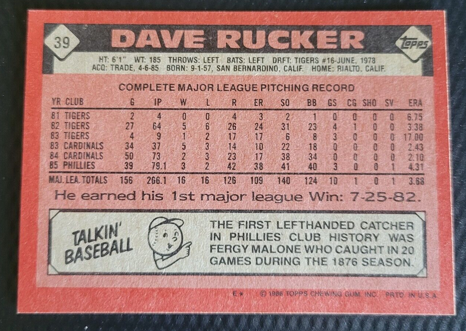 1986 Topps TCG Pitcher DAVE RUCKER Philadelphia Phillies MLB Baseball ...