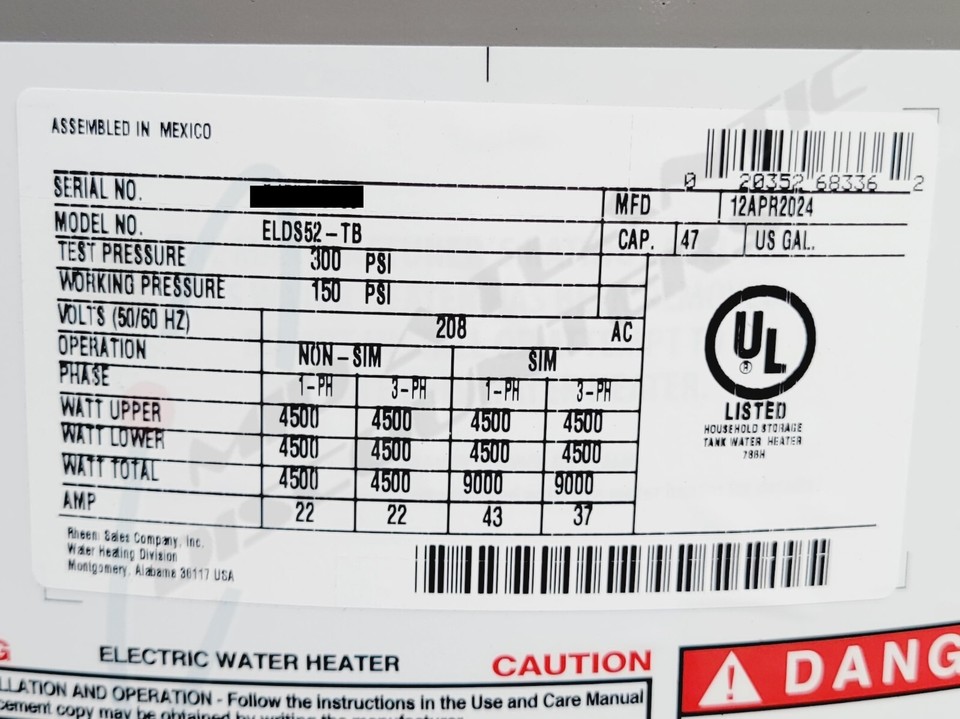 Rheem 47-Gallon Commercial Electric Water Heater w/Terminal Block ...
