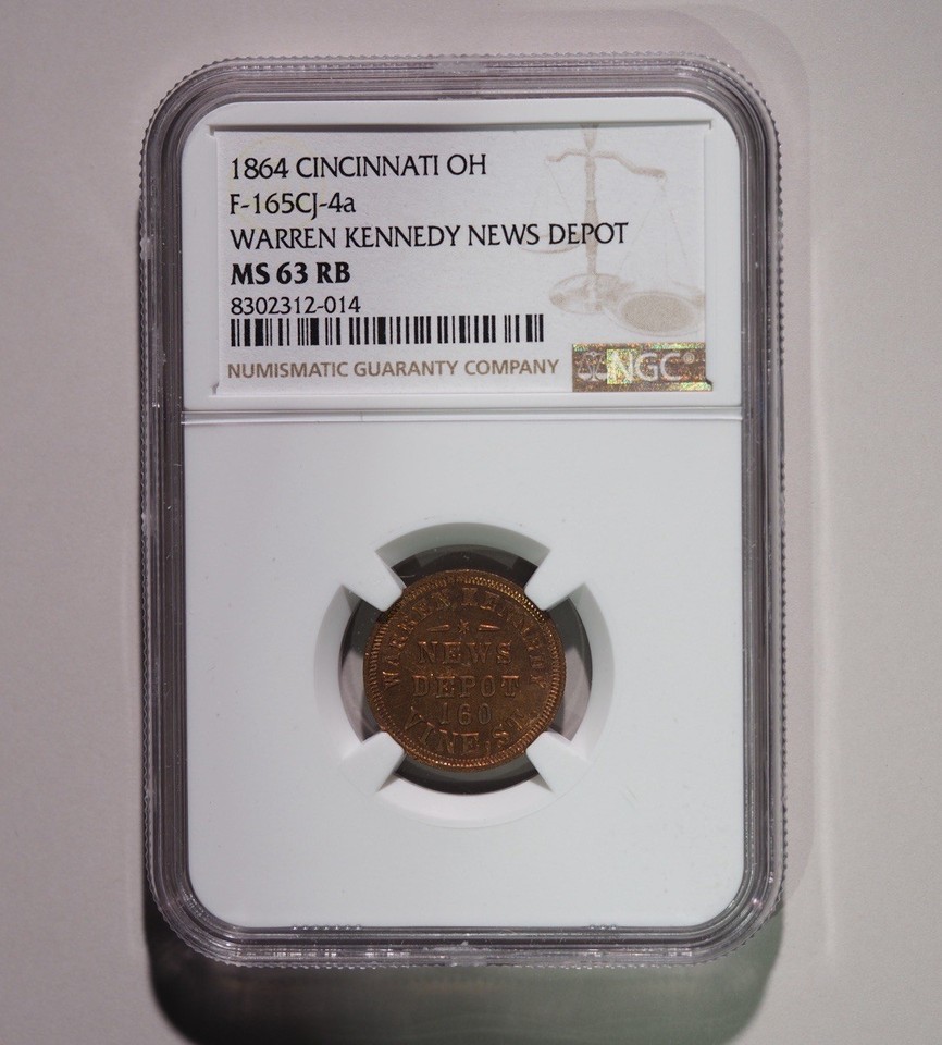 1864 Civil War Token,,F-165CJ-4a,Warren Kennedy News Depot,NGC MS63 ...