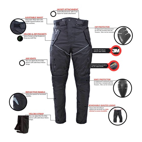 Mens Black Armoured Waterproof Motorcycle Motorbike Over Trousers Zip ...