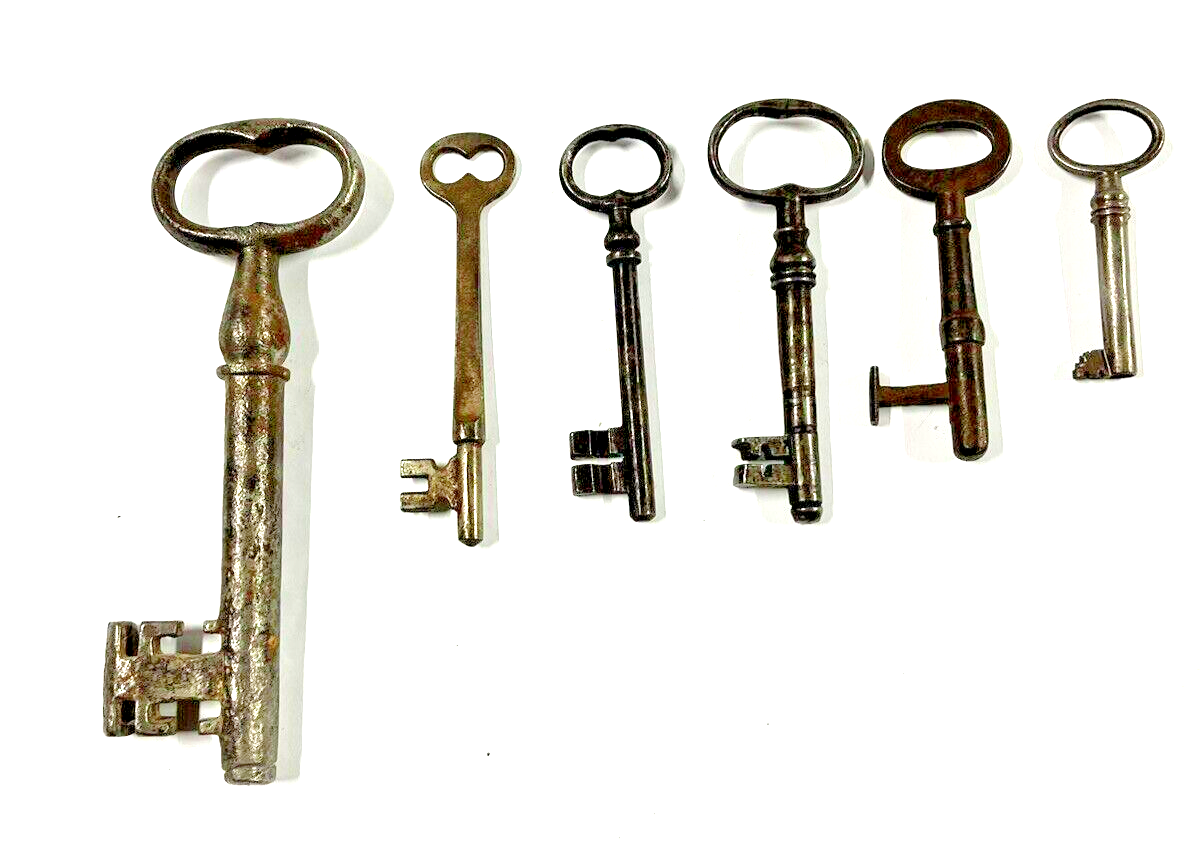 6 Antique Solid Steel Skeleton Keys-2 3/4", 3.5", 4", 4 1/8", 4", 6.5 ...