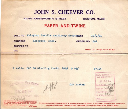 John Cheever Co Boston MA 1921 Billhead Paper & Twine | eBay