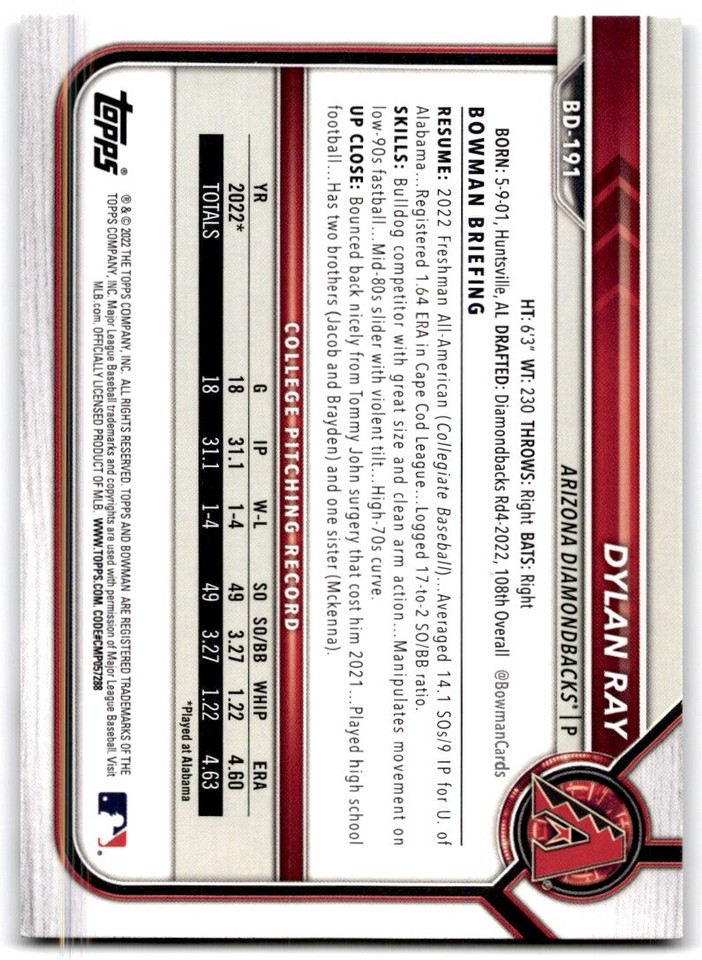 2022 1st Bowman Paper Prospects Dylan Ray Arizona Diamondbacks #BD-191 ...