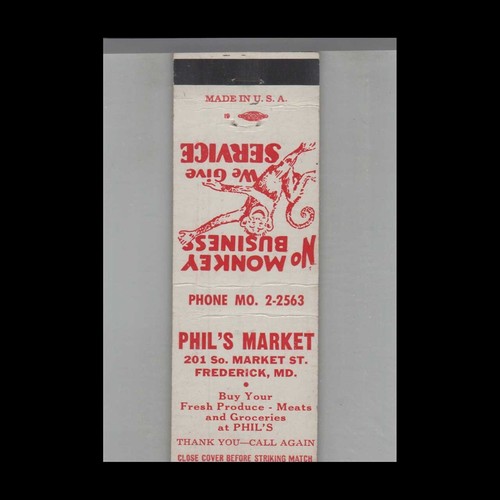 Matchbook Cover Monkey Phil's Market Frederick, MD | eBay