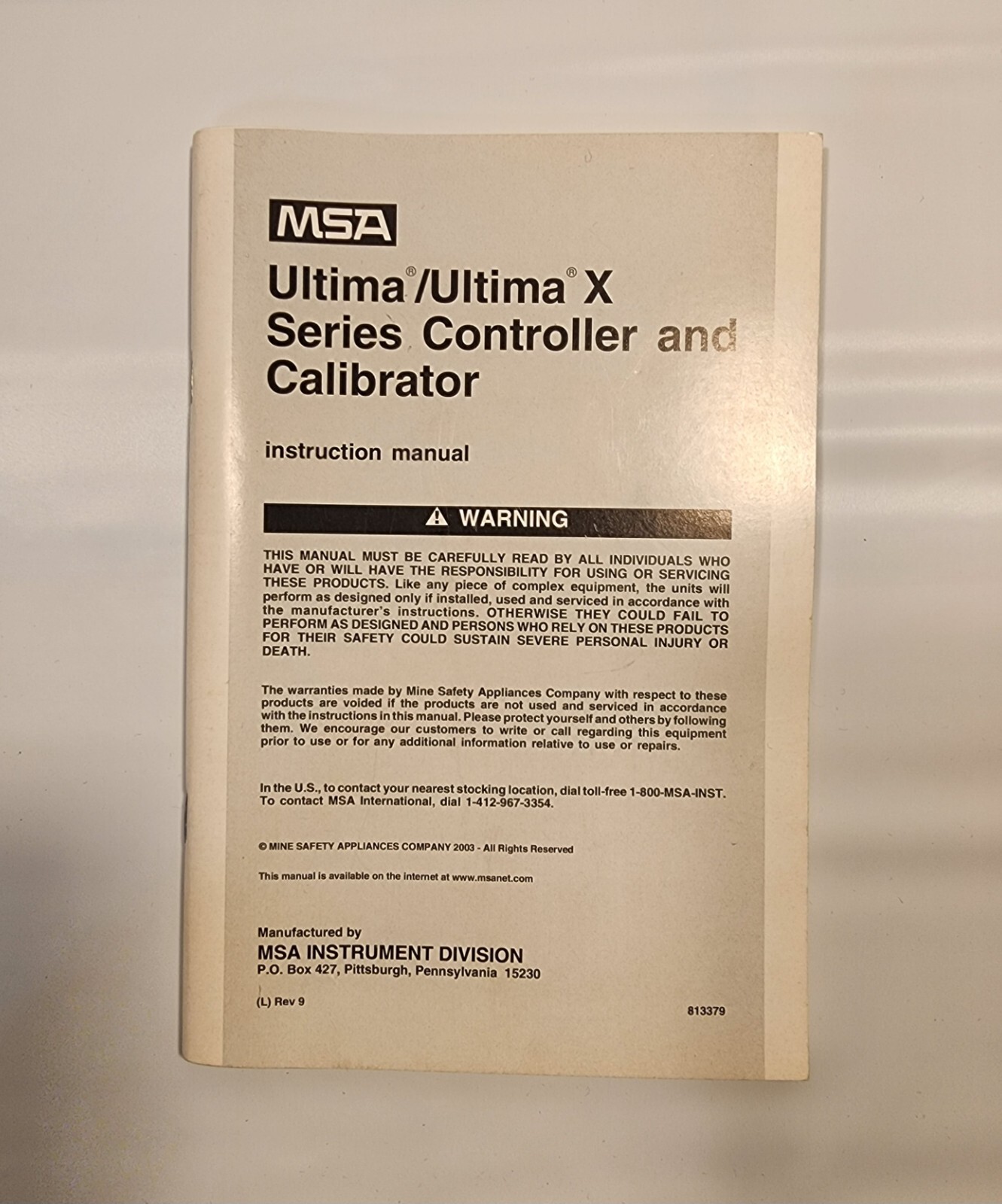 MSA Ultima/Ultima X Series Controller and Calibrator Instruction Manual ...