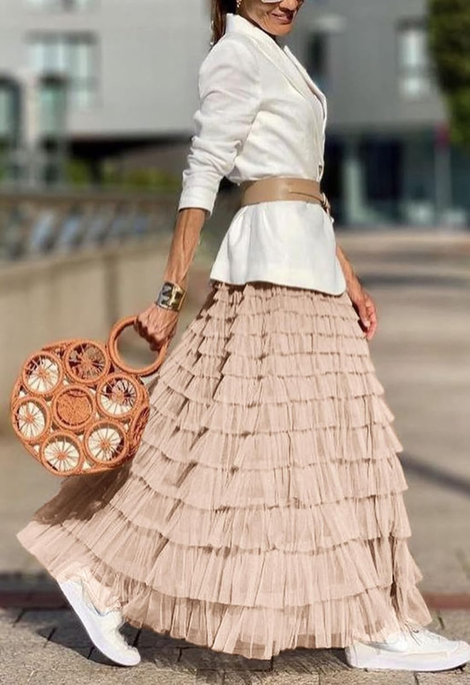 Flygo Women'S Long Maxi Tulle Skirts a Line Ruffle High Waisted Tiered ...