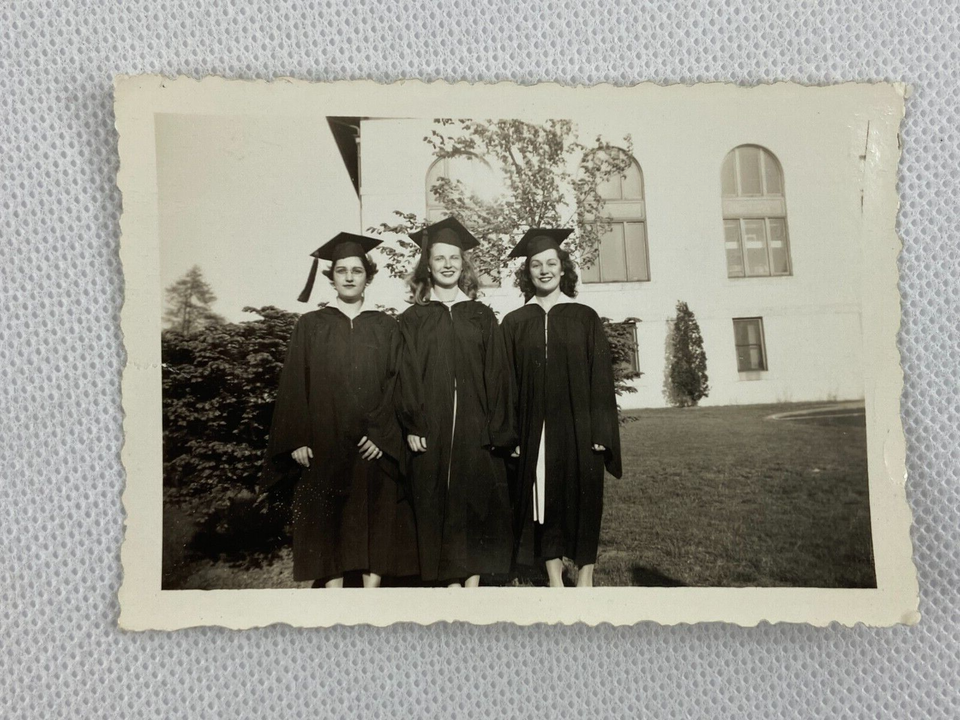 Three Women Wearing Graduation Cap & Gown B&W Photograph 2.5 x 3.5 | eBay