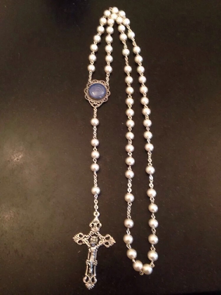 Inri Rosary Cross Crusifix Necklace Mary Jesus Faux Pearl Silver Italy ...