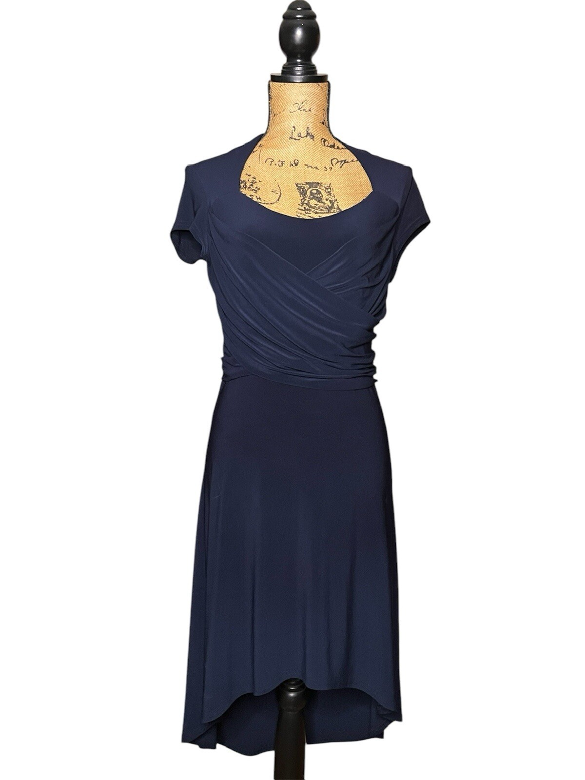 JOSEPH RIBKOFF DK NAVY BLUE STRETCH KNIT HIGH LOW DRESS SIZE 6 WRAPPED ...